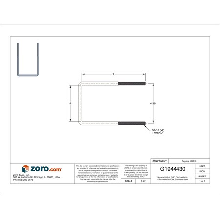 National Hardware Square U-Bolt, 3/8", 4 in Wd, 7 in Ht, Zinc Plated ...
