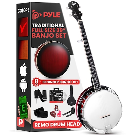 Pyle Pyle Banjo Kit with Remo Head & Sapele Resonator, 39" Full Size, 5 ...