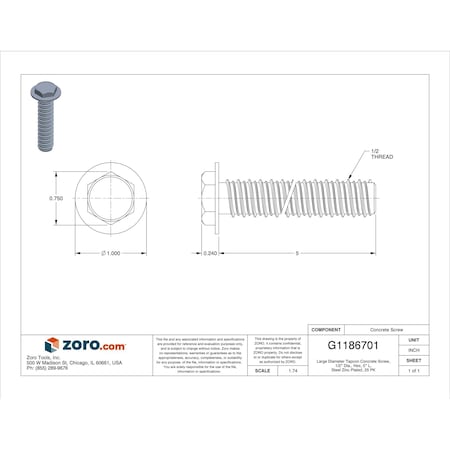 Red Head Large Diameter Tapcon Concrete Screw, 1/2" Dia., Hex, 5" L ...