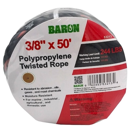 Baron Truck Rope, 3/8 in Dia, 50 ft L, 244 lb Working Load ...