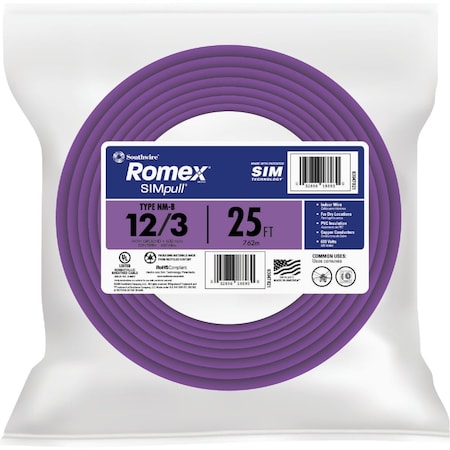 Romex 25 ' 12/3 Solid Purple NMW/G Electrical Wire 63947821 | Zoro