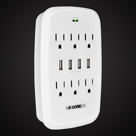 5 Core 6 Outlet Wall Plug Extender with 4 USB Ports (4.8A Total), Multi ...