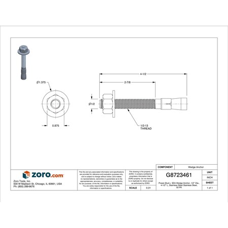 Dewalt Power-Stud+ SD4 Wedge Anchor, 1/2" Dia., 4-1/2" L, Stainless ...