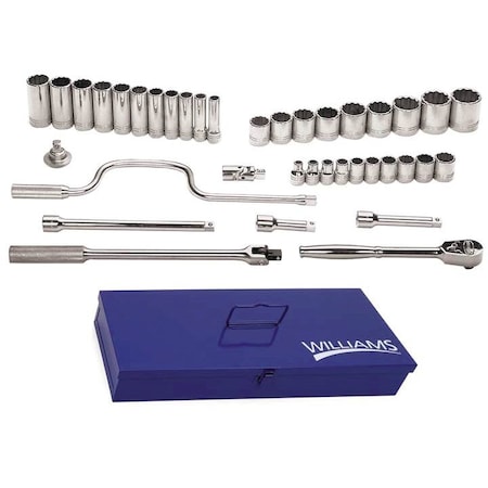 WILLIAMS 1/2" Socket and Tool Set,1/2" D,12Pt,38pcs., Chrome plated ...