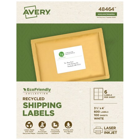 Avery Laser/Inkjet Label, 4 in Label W, 3 1/3 in Label H, 6 Labels per ...
