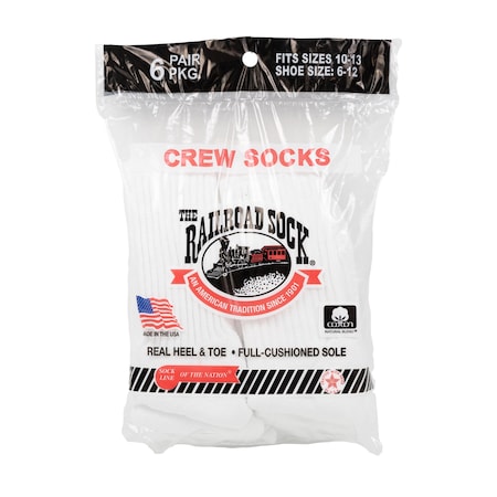 Railroad Sock Men's Crew Socks, Size 6-12 M, White, 6PK 6070 | Zoro