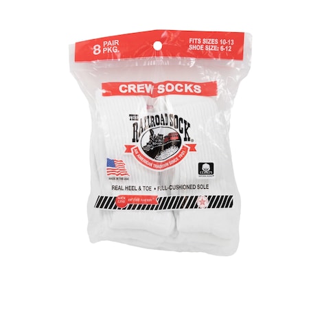 Railroad Sock Men's Crew Socks, Size 6-12 M, White, 8PK 8080 | Zoro