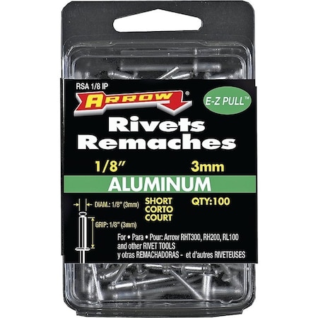 Arrow Fastener Pop Rivet, Short, 1/8 in L, Aluminum, 100PK RSA1/8IP | Zoro