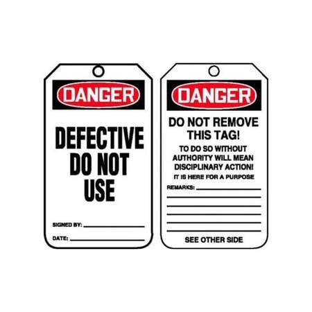 Accuform Safety Tags, DANGER DEFECTIVE DO NOT USE, 5.75in x 3.25in, PF ...