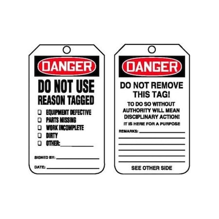 Accuform Safety Tags, DANGER DO NOT USE REASON TAGGED, 5.75in x 3.25in ...