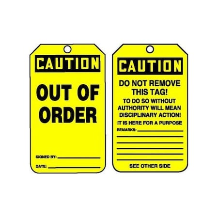 Accuform Safety Tags, CAUTION OUT OF ORDER, 5.75in x 3.25in, RP-Plastic ...
