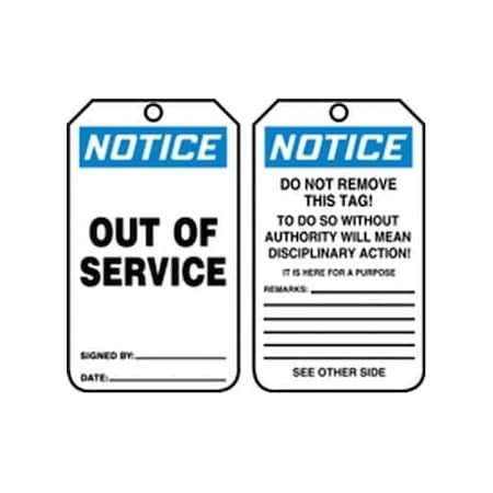 Accuform Safety Tags, NOTICE OUT OF SERVICE, 5.75in x 3.25in, PF ...