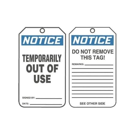 Accuform Safety Tags, NOTICE TEMPORARILY OUT OF USE, 5.75in x 3.25in ...