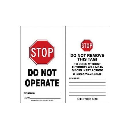 Accuform Safety Tags, STOP DO NOT OPERATE, 5.75in x 3.25in, PF ...