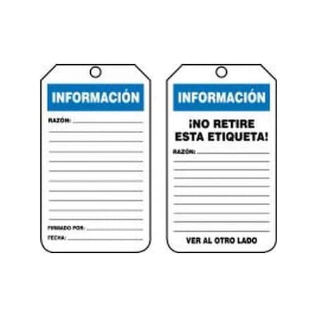 Accuform Spanish Safety Tags, INFORMATION, 5.75in x 3.25in, PF ...