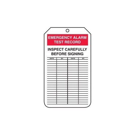 Accuform Safety Tags, EMERGENCY ALARM TEST RECORD, 5.75in x 3.25in, RP ...