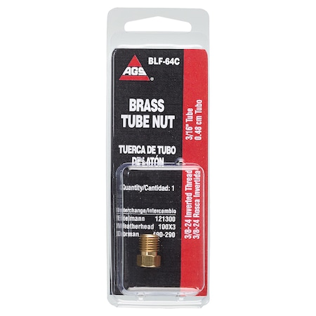 Ags Brass Tube Nut, 3/16 Tube (3/8-24 Inverted), 1/card BLF-64C | Zoro