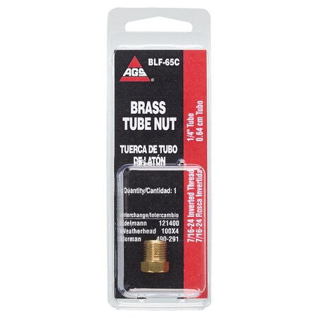 Ags Brass Tube Nut, 1/4 Tube (7/16-24 Inverted), 1/card BLF-65C | Zoro