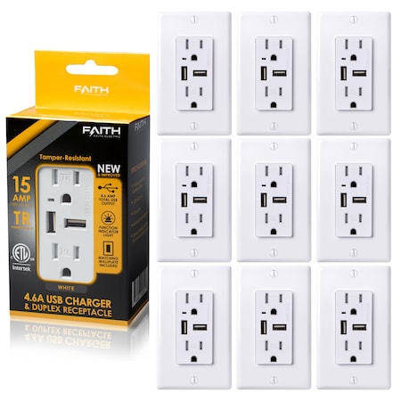 Faith Combination 4.6A USB Outlet and 15A TR Receptacle, White, PK 10 ...