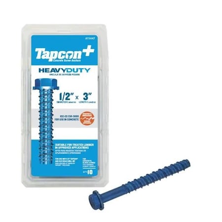 Tapcon Tapcon Concrete Screw, 1/2" Dia., 3 in. L, Steel 10 PK 11447 | Zoro