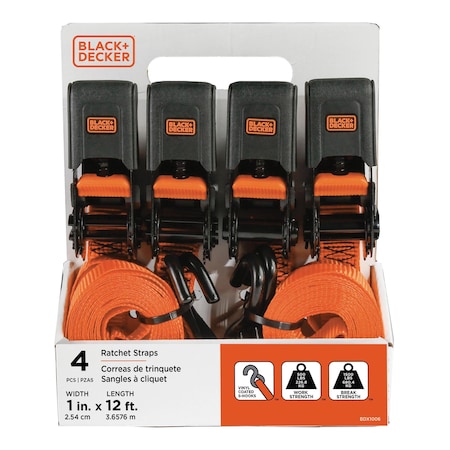 Black & Decker 12' x 1 in Ratchet Straps, 1500 lb, 4PK BDX1006 | Zoro