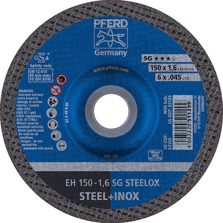 Pferd 63169 6in x .045in Cut-Off Wheel, 7/8in AH A 46 R SG INOX - Type ...