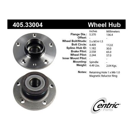 Centric Premium Hub and Bearing Assembly; With ABS, Parts 405.33004 | Zoro