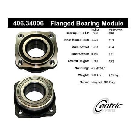 Centric Premium Flanged Wheel Bearing Module; With ABS, Parts 406.34006 ...