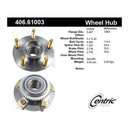 Centric Premium Hub and Bearing Assembly; With ABS Tone Ring, Parts 406 ...