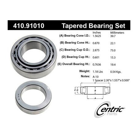 Centric Premium Wheel Bearing and Race Set, Parts 410.91010 410.9101 | Zoro