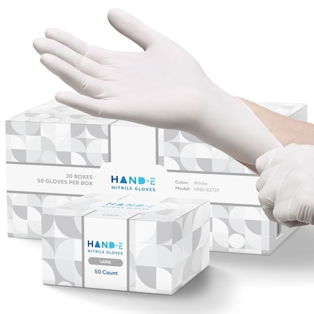 HAND-E White, L, 3 mil, Nitrile Powder-Free, Nitrile Disposable Gloves ...