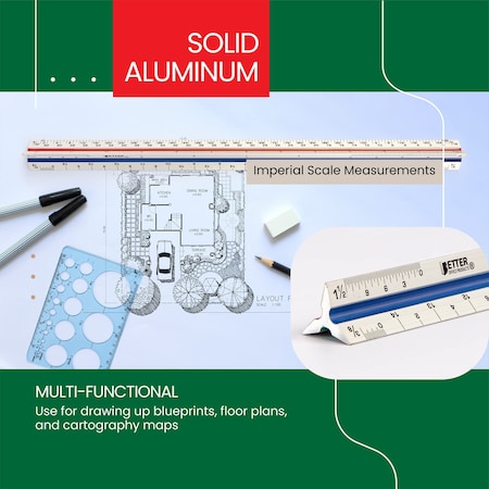 Better Office Products Triangular 12in Drafting/Architect Metal Ruler ...