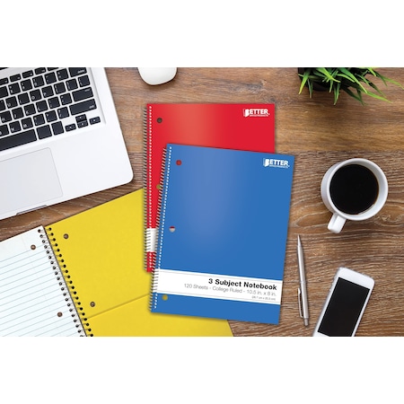 Better Office Products Spiral Notebooks, 3-Subj, College Rule, 120 Shts ...