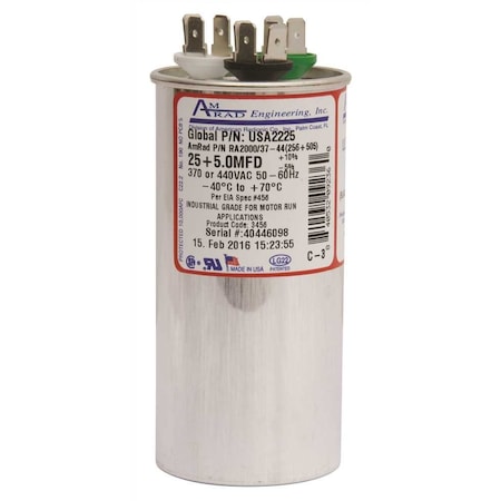 Amrad Engineering ROUND MOTOR RUN CAPACITOR, 25/5 MFD, 370/440 VAC ...