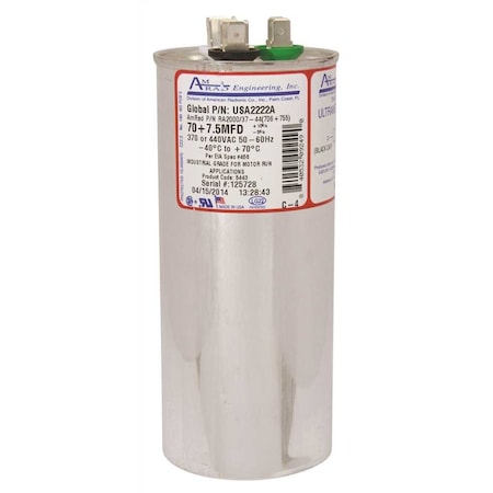 Amrad Engineering ROUND USA-MADE MOTOR RUN CAPACITOR, 60/7.5 MFD, 370/ ...