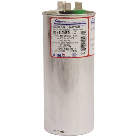 Amrad Engineering ROUND MOTOR RUN CAPACITOR, 80/5 MFD, 370/440 VAC ...