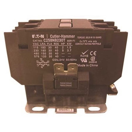 Eaton 40 Amp 24-Volt Definite Purpose Control Contactor C25BNF240T | Zoro