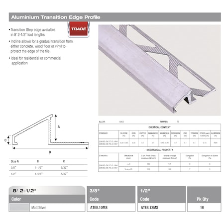 Dta 8Ft Aluminum Transition Edge Profile 1/2" Satin Finish ATE8.12MS | Zoro