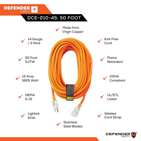 Defender Cable 14/3 Gauge, 50 ft SJTW w Lighted End, Contractor Grade ...