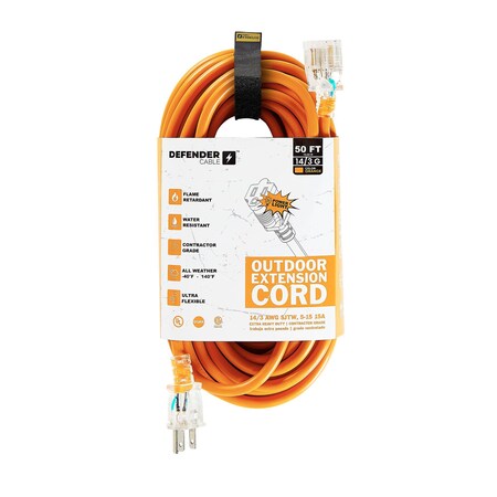 Defender Cable 14/3 Gauge, 50 ft SJTW w Lighted End, Contractor Grade ...
