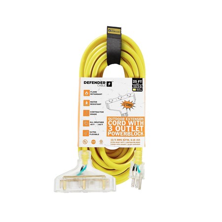 Defender Cable 12/3 Gauge, 25 ft SJTW POWERBLOCK w Lighted End UL and ...