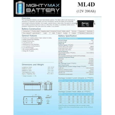 Mighty Max Battery 12V 200Ah 4D Battery Replaces Enduring CB200-12 ...