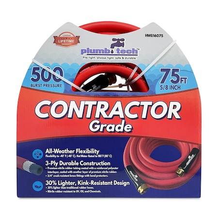 Plumb Tech 5/8 in ID x 75 ft L Water Hose, Nitrile Tube, Red HWE16075 ...