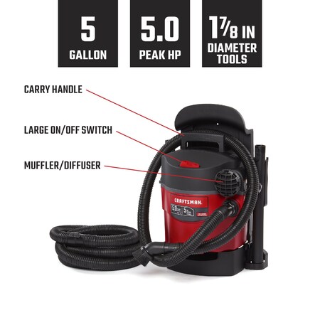 Craftsman 5 Gallon 5.0 Peak HP Wall-Mountable Wet/Dry Shop Vacuum and ...