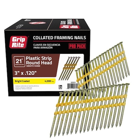 Grip-Rite Collated Framing Nail, 3 in L, 11 ga, Bright, Round Head, 21 ...