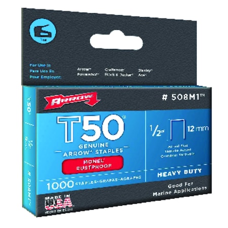 ARROW T50 1/2 in x 3/8 in Heavy Duty Staples : 18 ga Plain Monel - 508M1