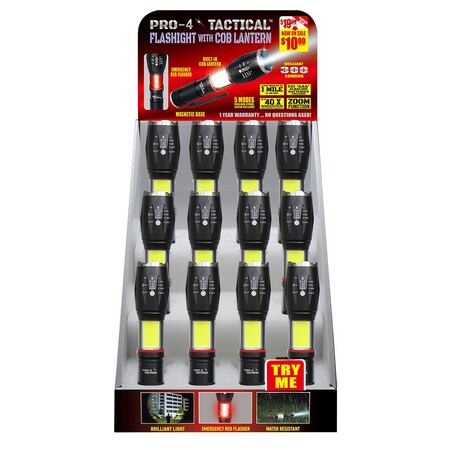 Pro-4 Tactical 300 lm Black LED Tactical Flashlight w/COB Lantern AAA ...