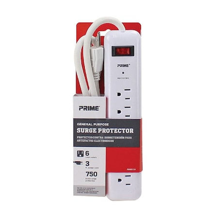 Prime Wire & Cable Prime 3 ft. L 6 outlets Surge Protector White 750 J ...