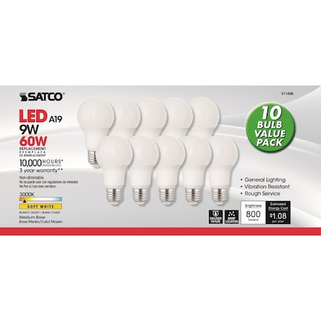 Satco . A19 E26 (Medium) LED Bulb Soft White 60 Watt Equivalence 10 pk ...
