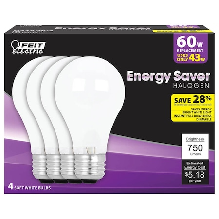 Feit Electric 43 W A19 A-Line Halogen Bulb 750 lm Soft White , 4PK Q43A ...